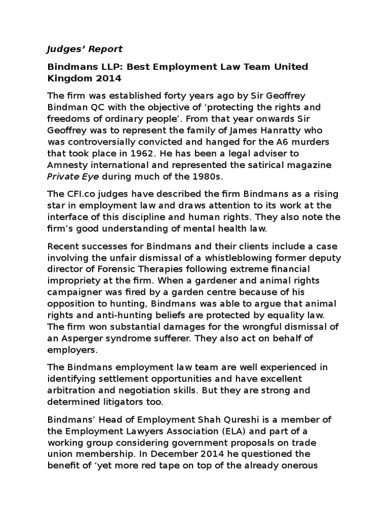Bindmans LLP: Best Employment Law Team United Kingdom 2014: Judges ...