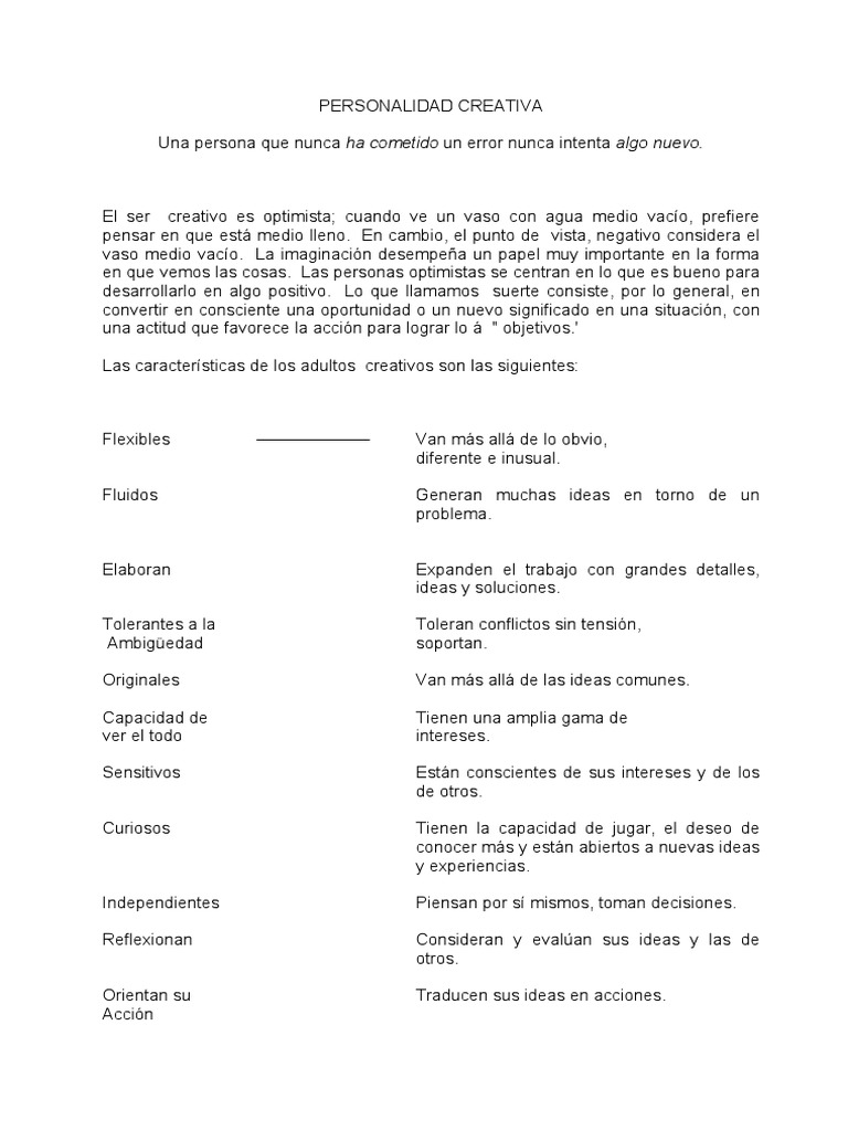 Los rasgos y características de la personalidad creativa | PDF ...