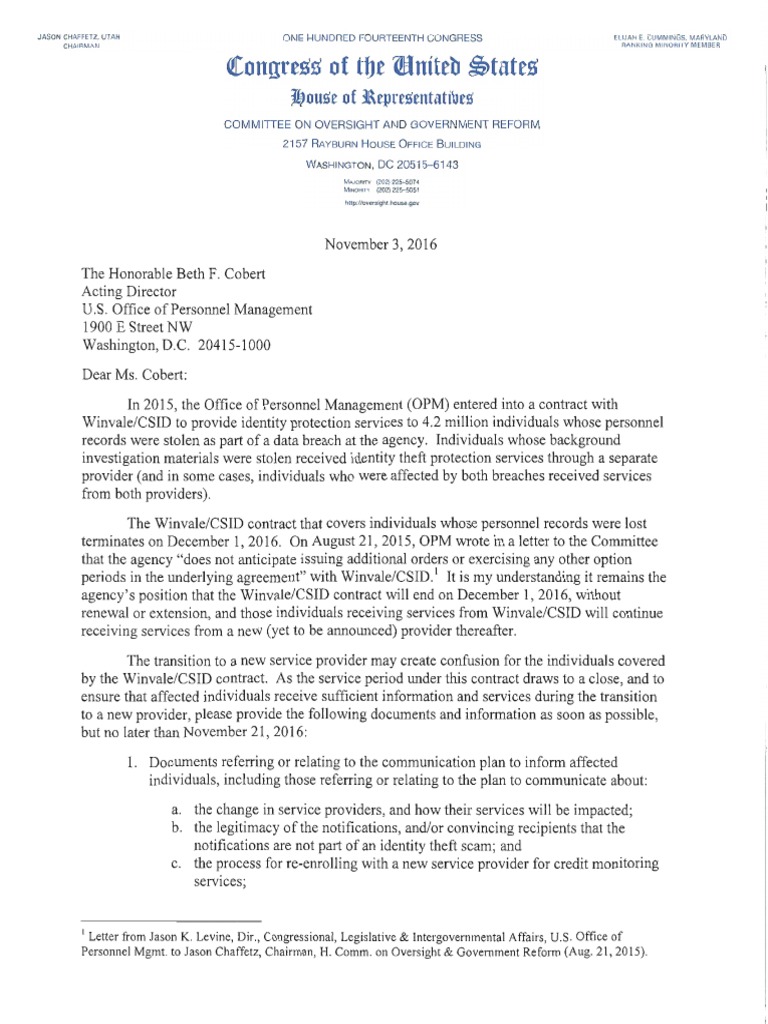 2016-11-03 Letter to OPM Re: Winvale/CSID Contract Change | File Format ...