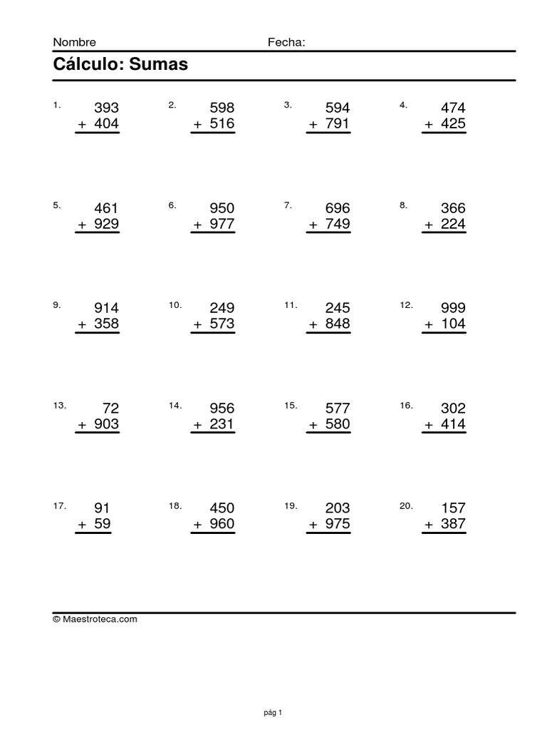 Fichas de Sumas, Menores Que 1.000 - 62 Págs Ocr | PDF