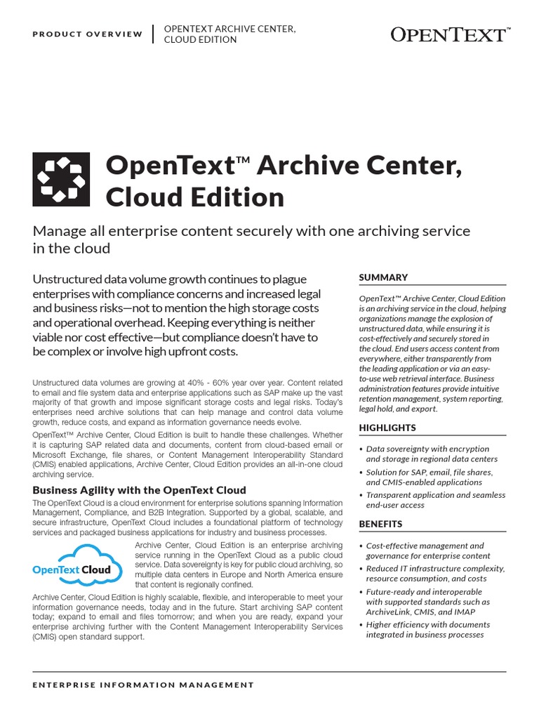 OpenText - Archive Center, Cloud Edition - Product Overview | PDF | Cloud Computing | Email