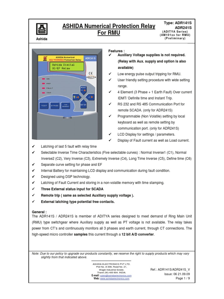 ASHIDA Numerical Protection Relay For Rmu: Type: ADR141S ADR241S | PDF