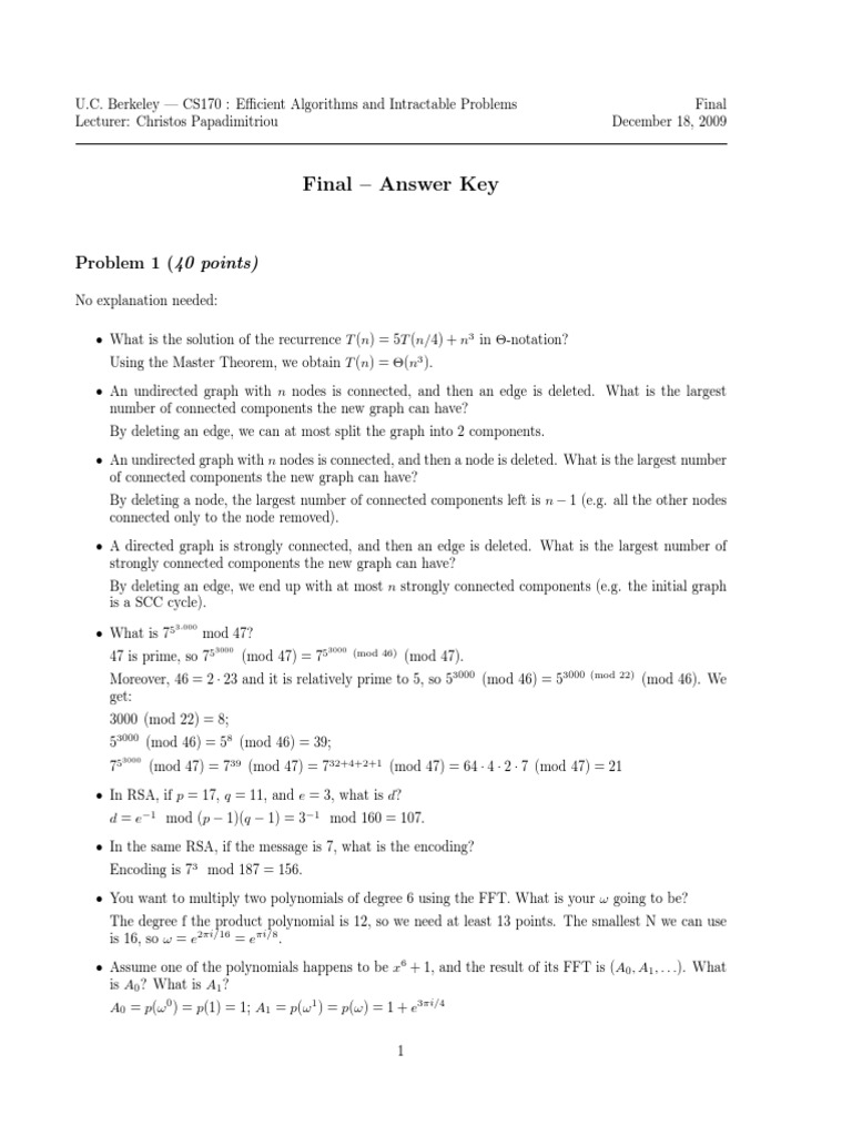 CS170 Final Exam Answer Key | PDF | Time Complexity | Computational ...