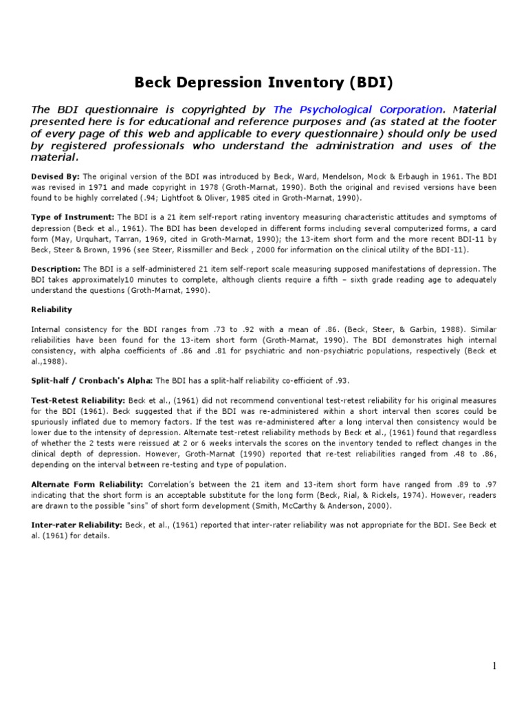 Bdi II Manual | PDF | Major Depressive Disorder | Validity (Statistics)