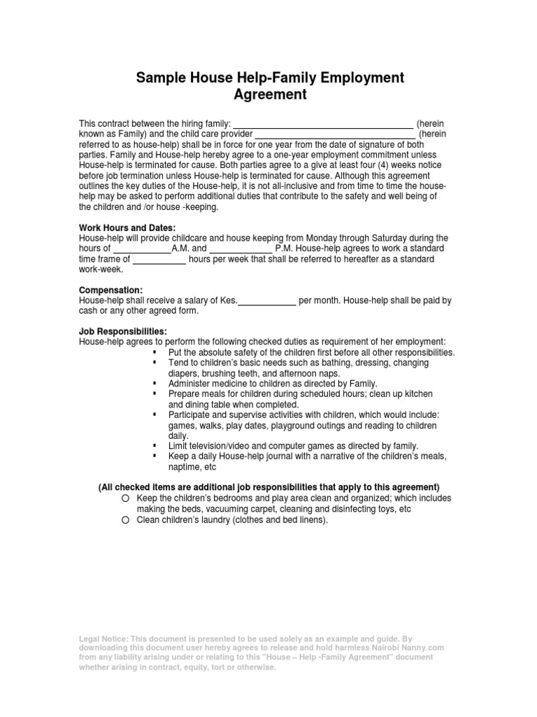 Sample House Help-Family Employment Agreement: Work Hours and Dates ...