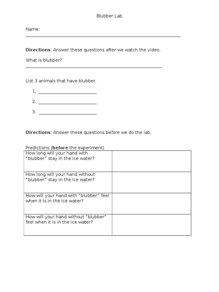 Blubber Lab Sheet | PDF