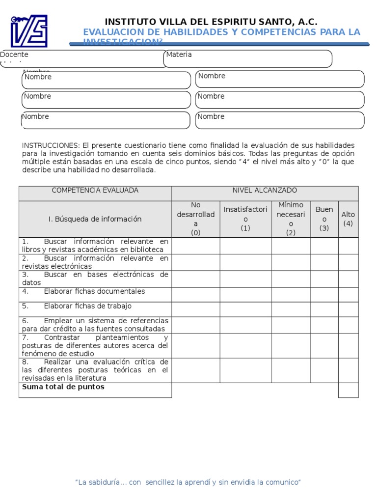 Evaluacion de Competencias Investigativas | PDF | Cuestionario | Información
