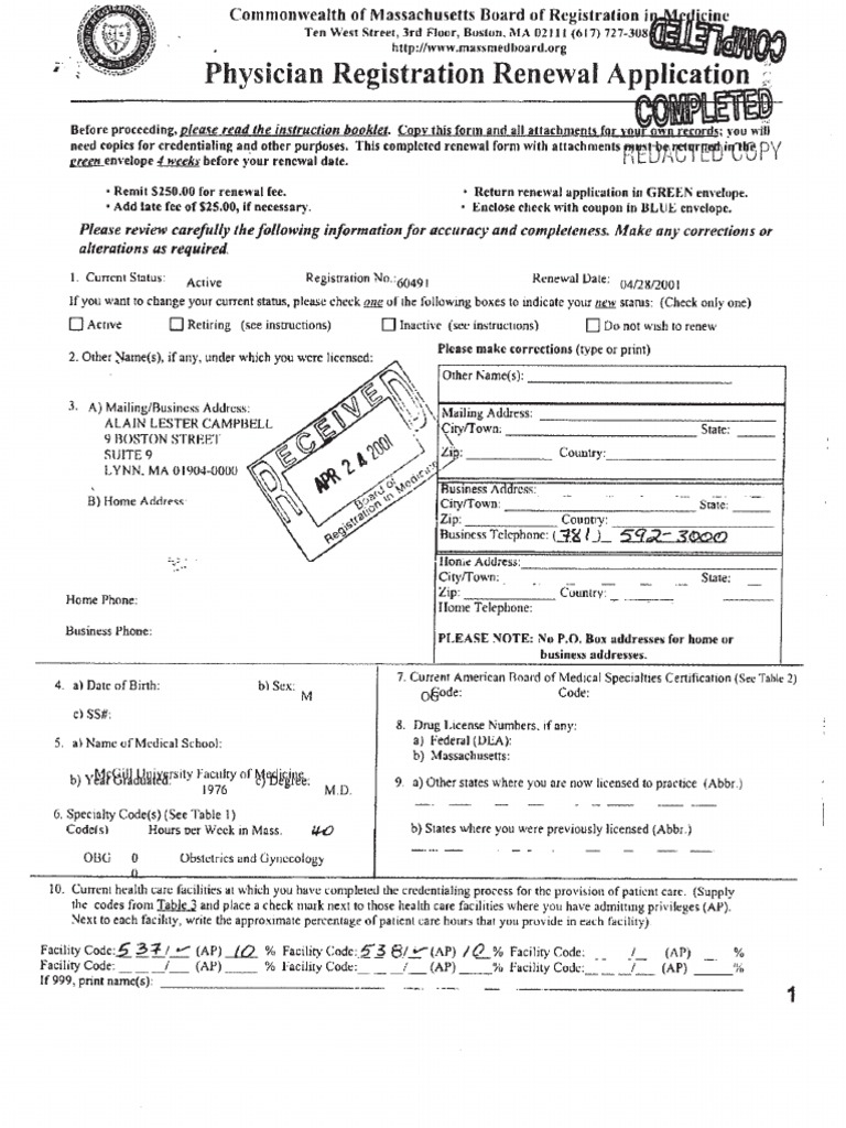 ALAIN CAMPBELL, M.D. MASSACHUSETTS LICENSE APPLICATIONS Total As of ...