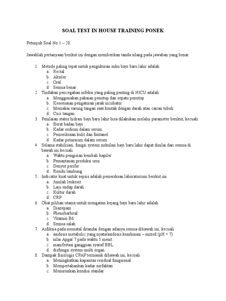 Soal Pre Test in House Training Ponek | PDF