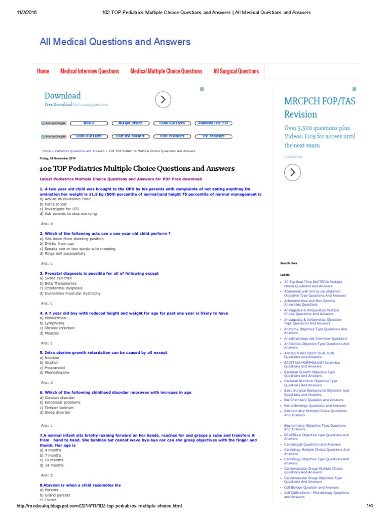 102 TOP Pediatrics Multiple Choice Questions and Answers - All Medical ...