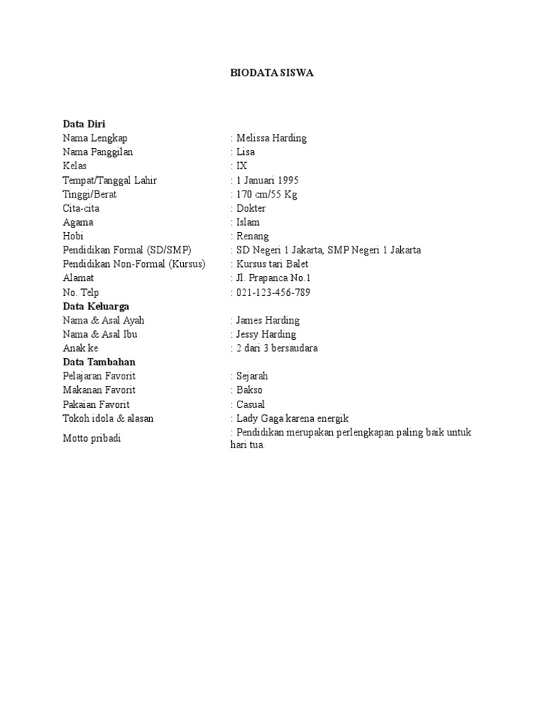 Contoh Tugas Biodata Siswa | PDF