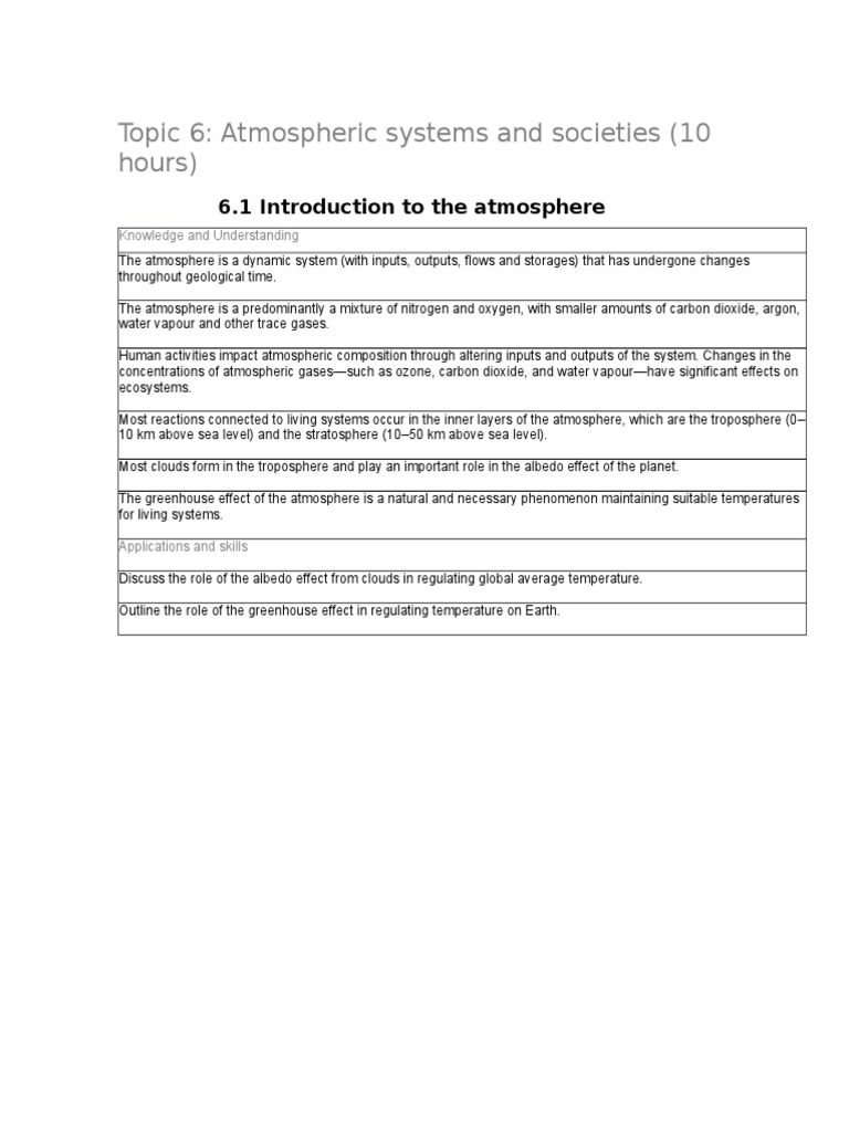 Topic 6: Atmospheric Systems and Societies (10 Hours) : 6.1 ...