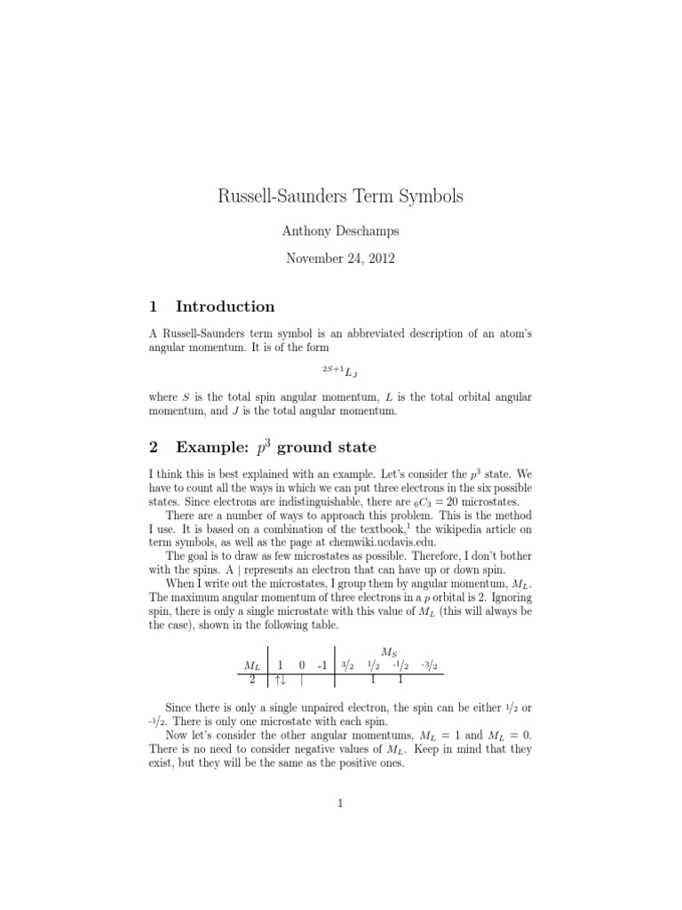 Russell-Saunders Term Symbols Explained | PDF | Atomic Physics ...