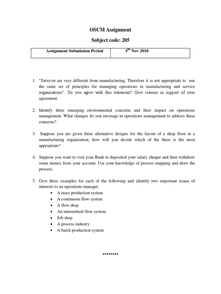 OSCM Assignment Subject Code: 205: Assignment Submission Period 5 Nov 2016 | PDF