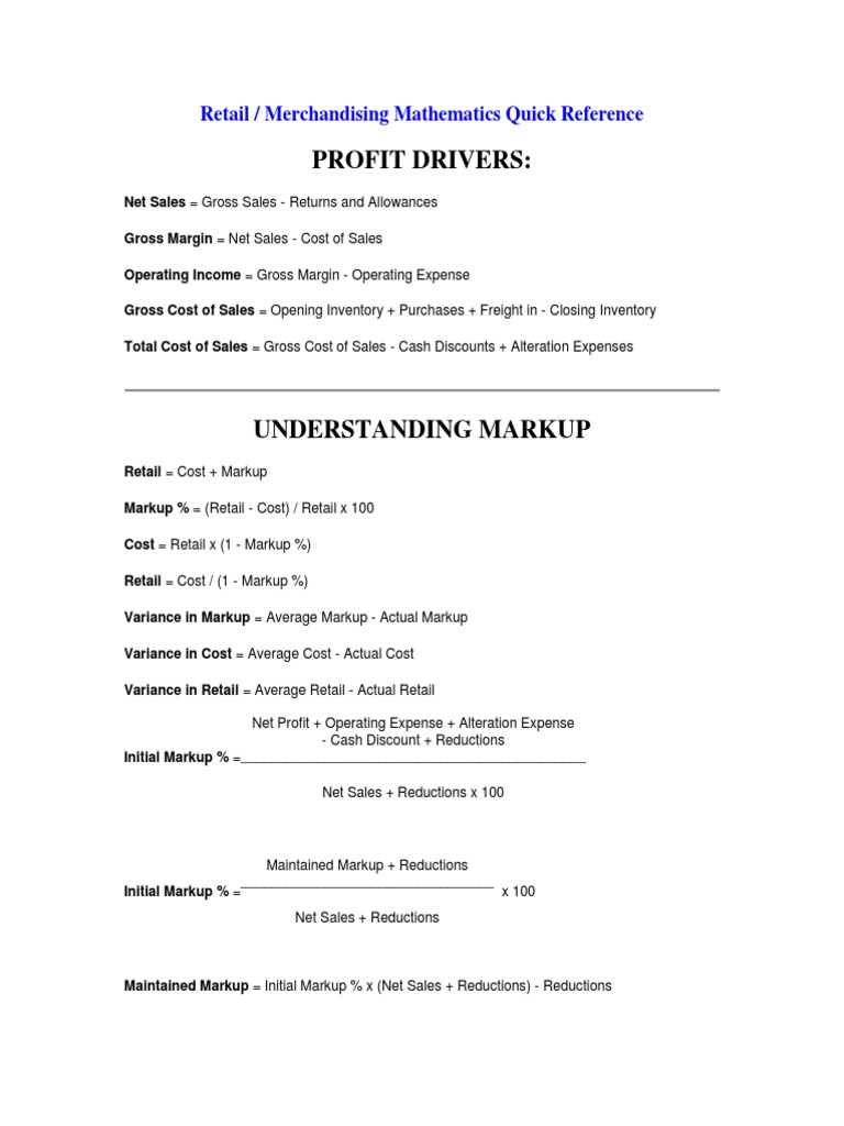 Retail Math Reference Sheet | PDF