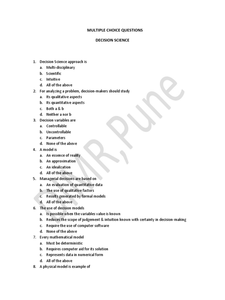 Multiple Choice Questions Decision Science | PDF | Markov Chain ...