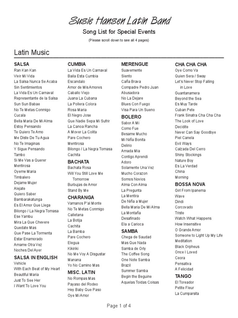 Susie Hansen Latin Band Song List | PDF