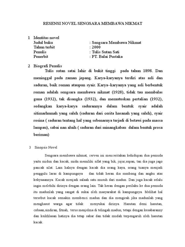 Sinopsis Novel Sengsara Membawa Nikmat | PDF