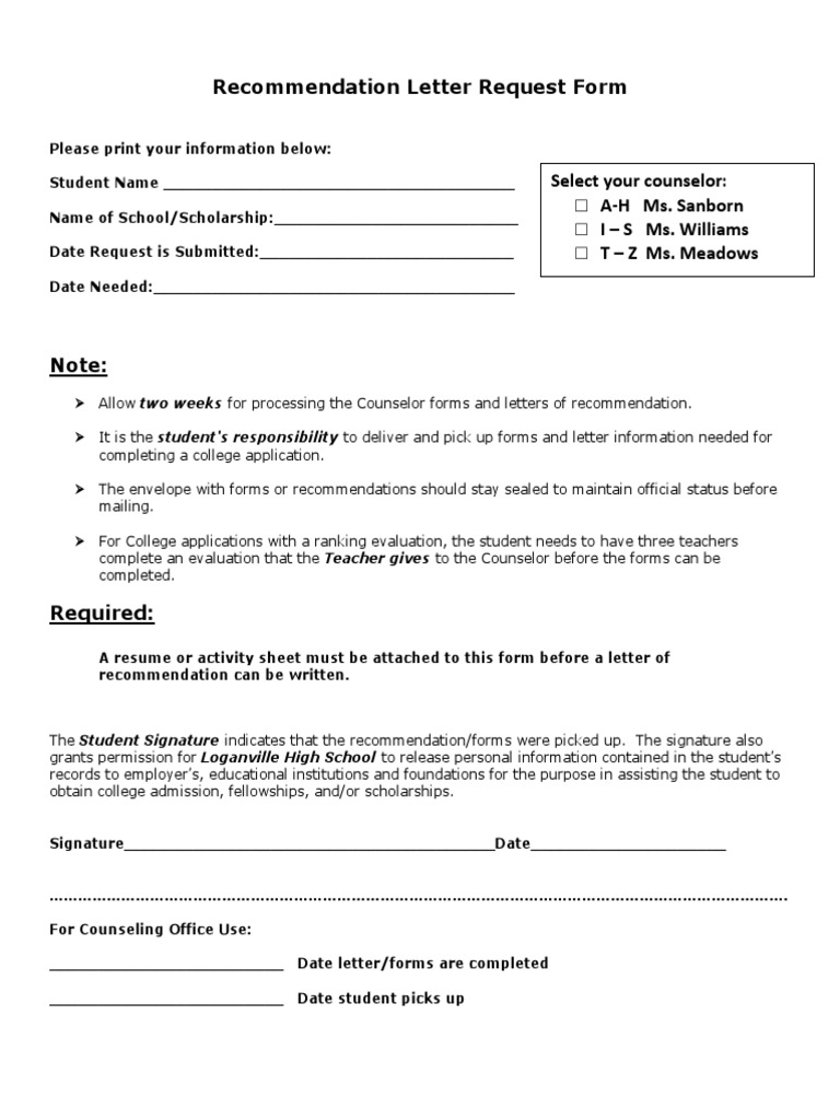 Recommendation Letter Request Form | PDF