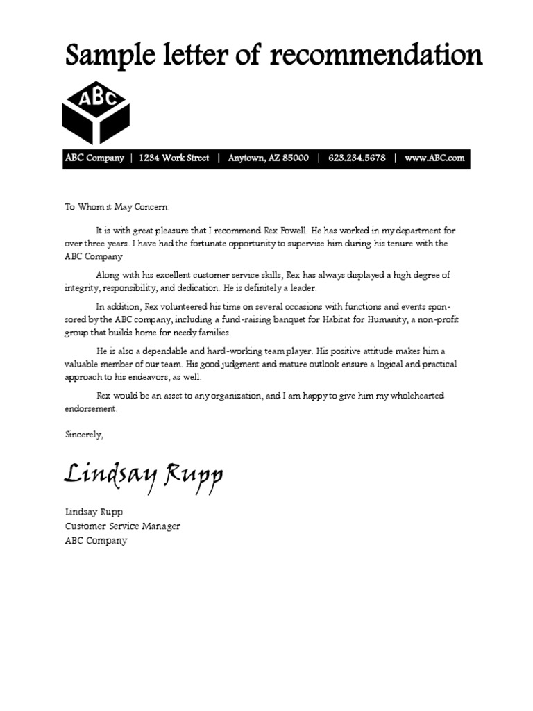 Sample Letter of Recommendation: Lindsay Rupp | PDF