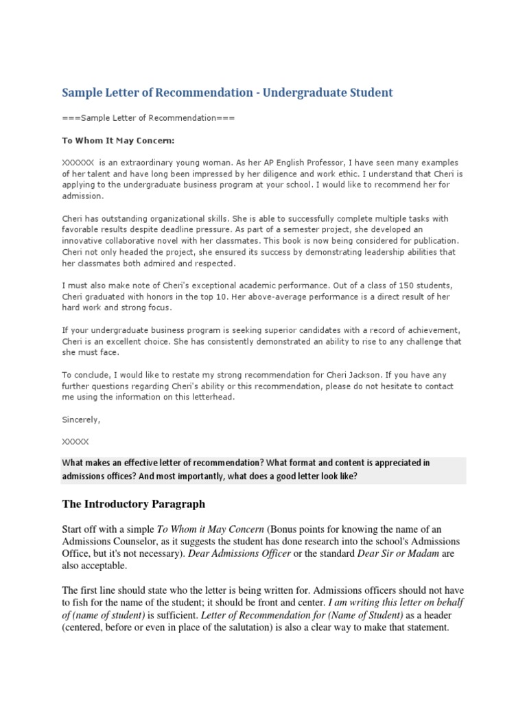 Sample Letter of Recommendation - Undergraduate Student: The ...