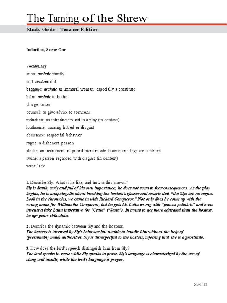 The Taming of The Shrew Questions and Answers | PDF