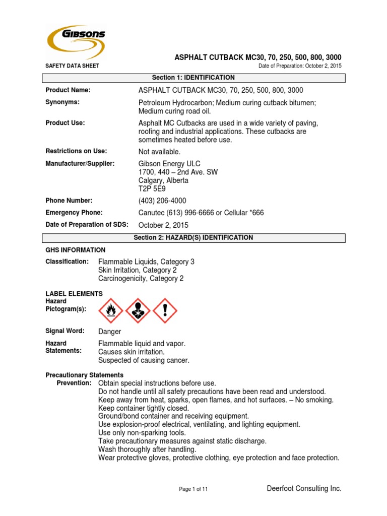 ASPHALT CUTBACK MC30, 70, 250, 500, 800, 3000: Safety Data Sheet ...