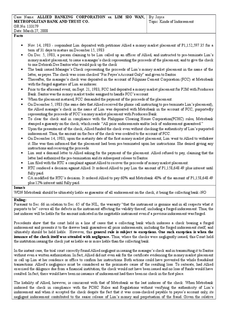 Liability of Banks for Negligently Issued Checks with Forged Endorsements: Allied Banking ...