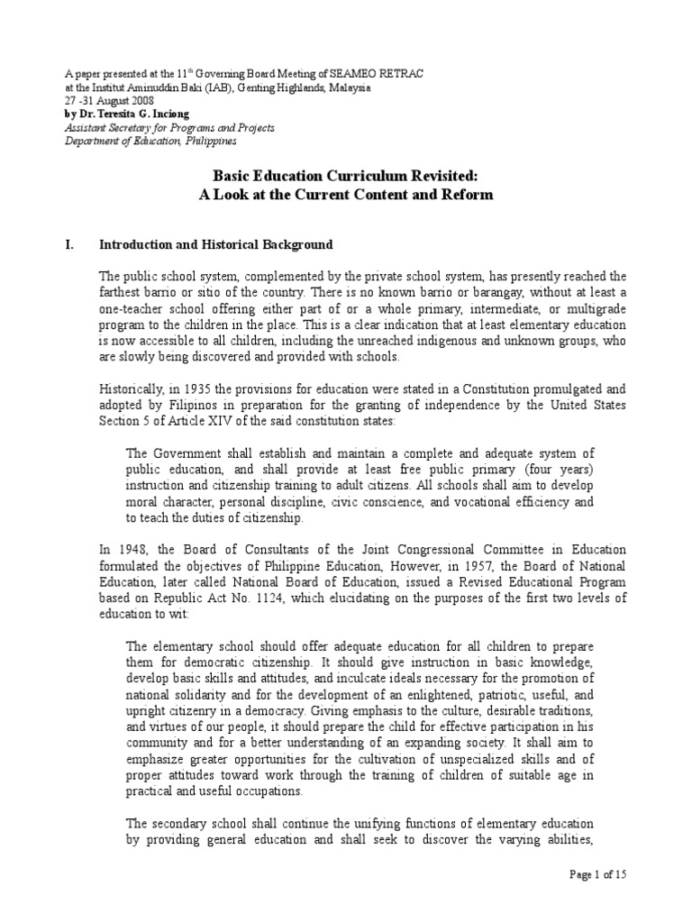 Basic Education Curriculum Revisited: A Look at The Current Content and ...