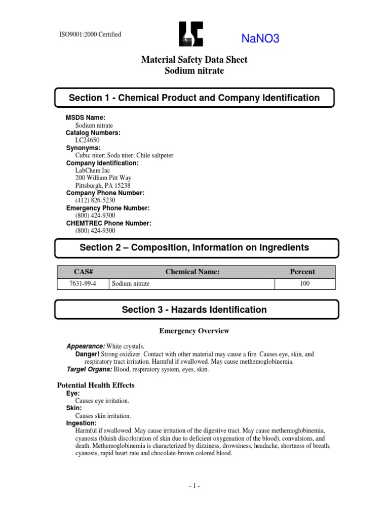 Nano3: Material Safety Data Sheet Sodium Nitrate Section 1 - Chemical ...