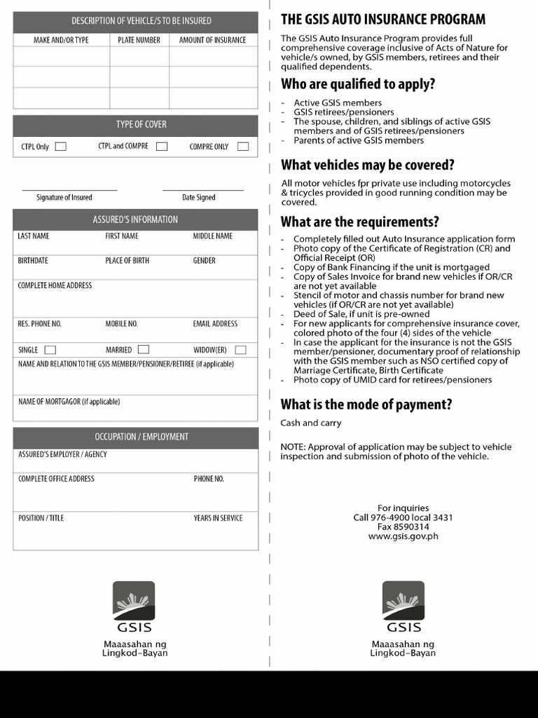 Forms GSIS Auto Insurance Program Philippines | PDF