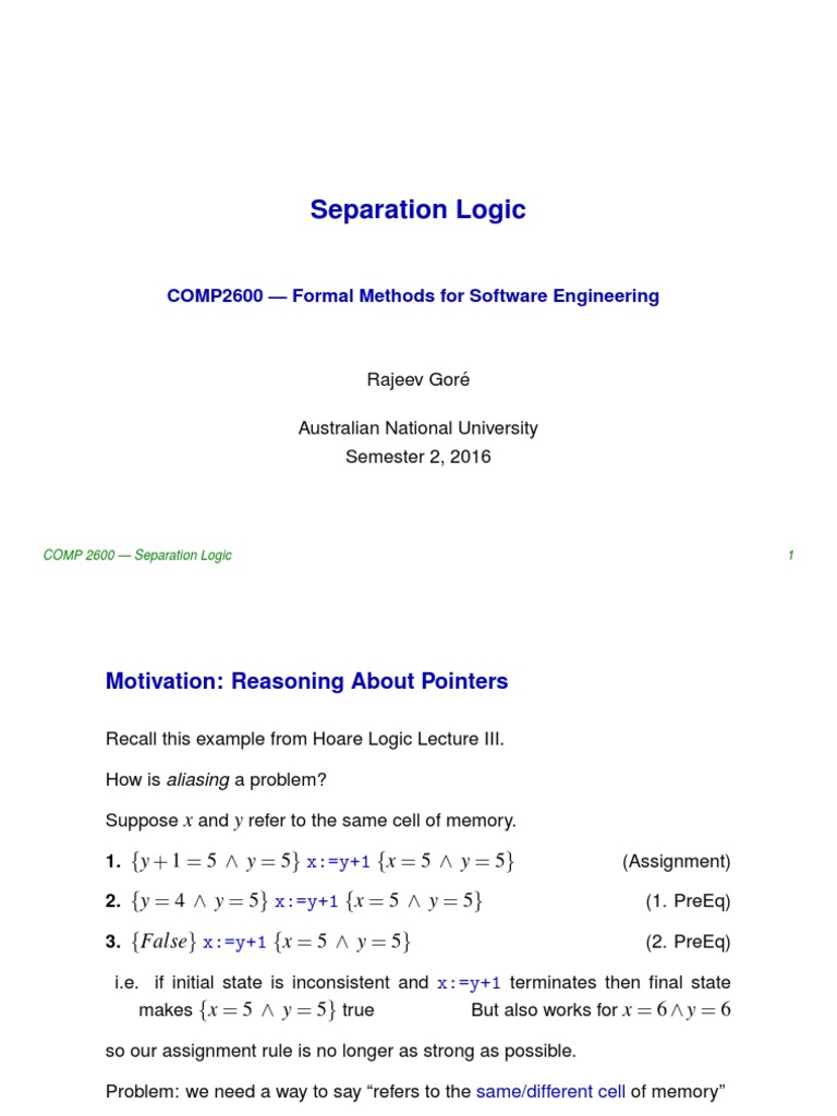Separation Logic: COMP2600 - Formal Methods For Software Engineering ...