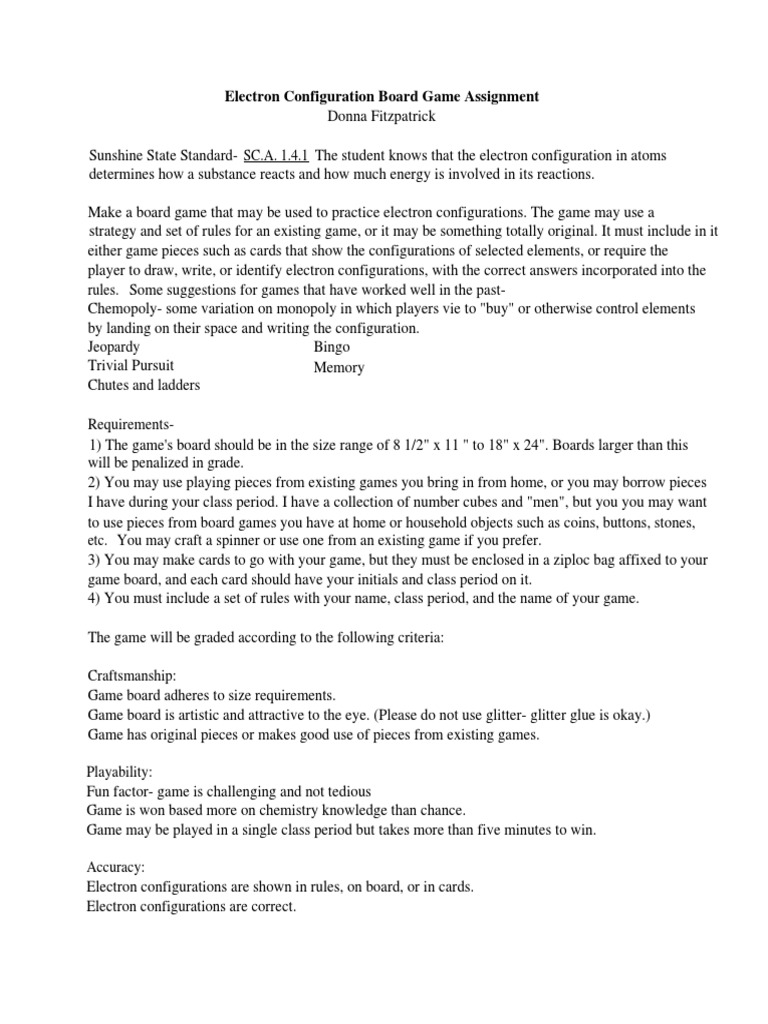 Assignment Description and Rubric For A Board Game To Teach Electron ...