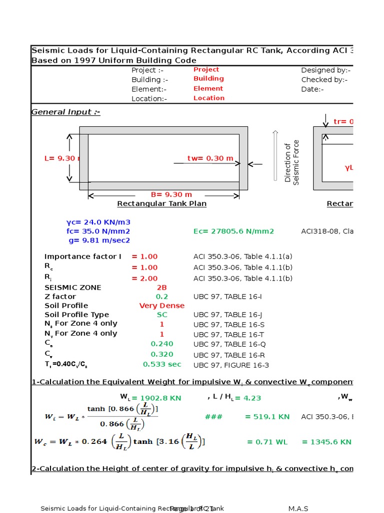 ACI 350.3-06 Appendix B Seismic Loads For Liquid-Containing Rectangular ...