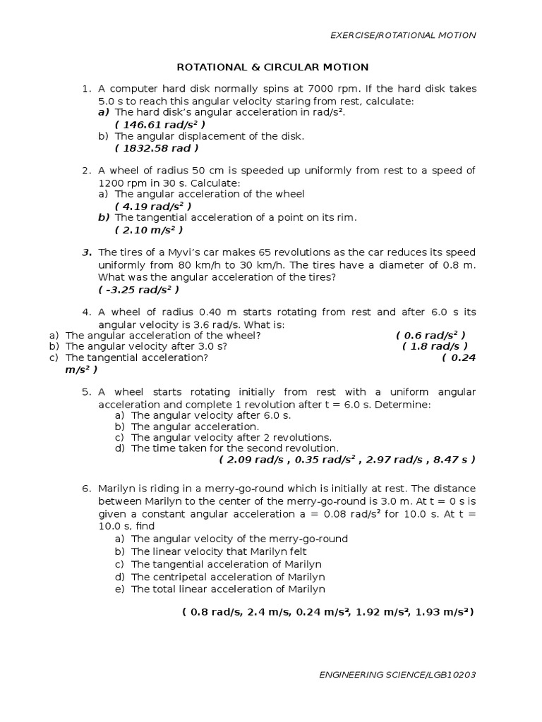 Rotational Motion Exercises and Solutions | PDF | Acceleration ...