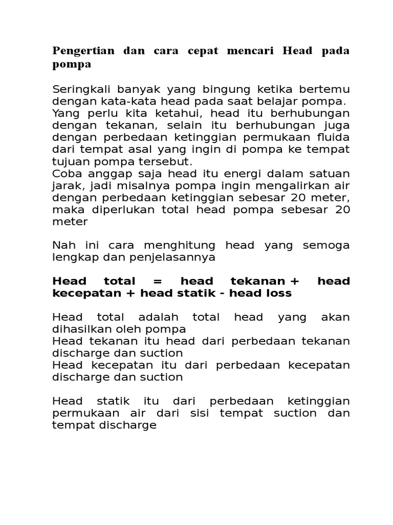 Pengertian dan Cara Menghitung Head Pompa | PDF