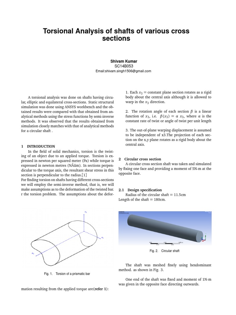 Torsional Analysis of Shafts of Various Cross Sections: Shivam Kumar ...