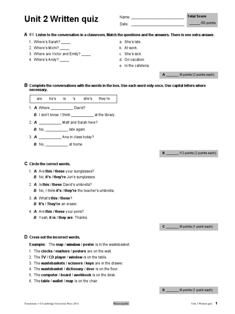 Touchstone 1 Unit 2 Written Quiz | PDF