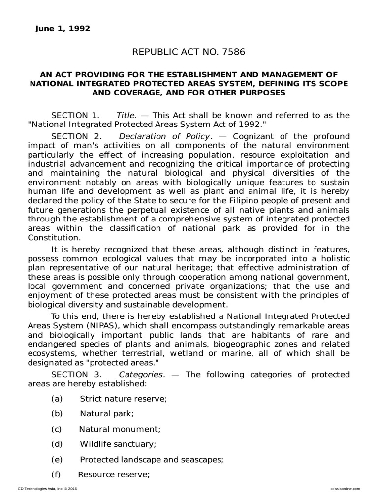 Republic Act No. 7586: June 1, 1992 | PDF | Ecology | Environmental ...