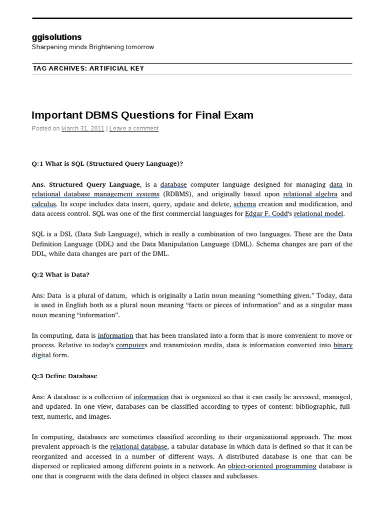 Important DBMS Questions For Final Exam: Ggisolutions | PDF | Relational Database | Databases