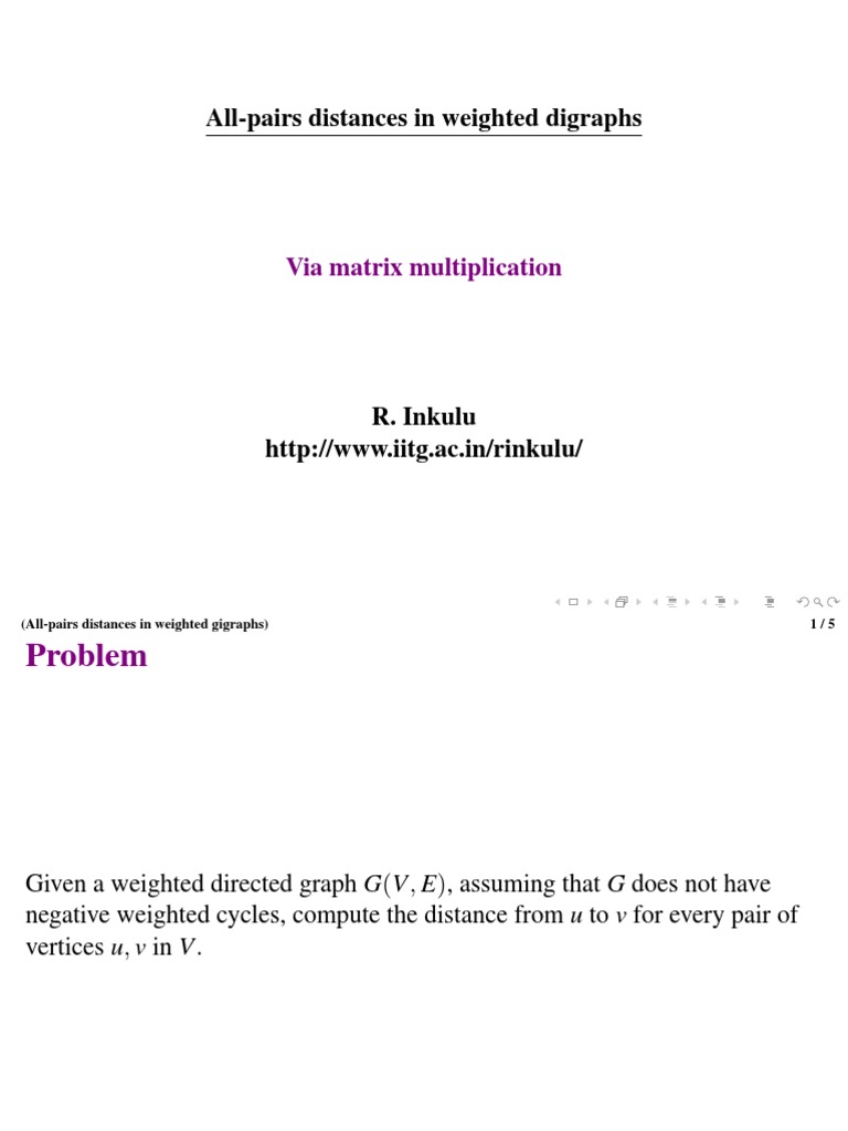 All-Pairs Distances in Weighted Digraphs: Via Matrix Multiplication | PDF