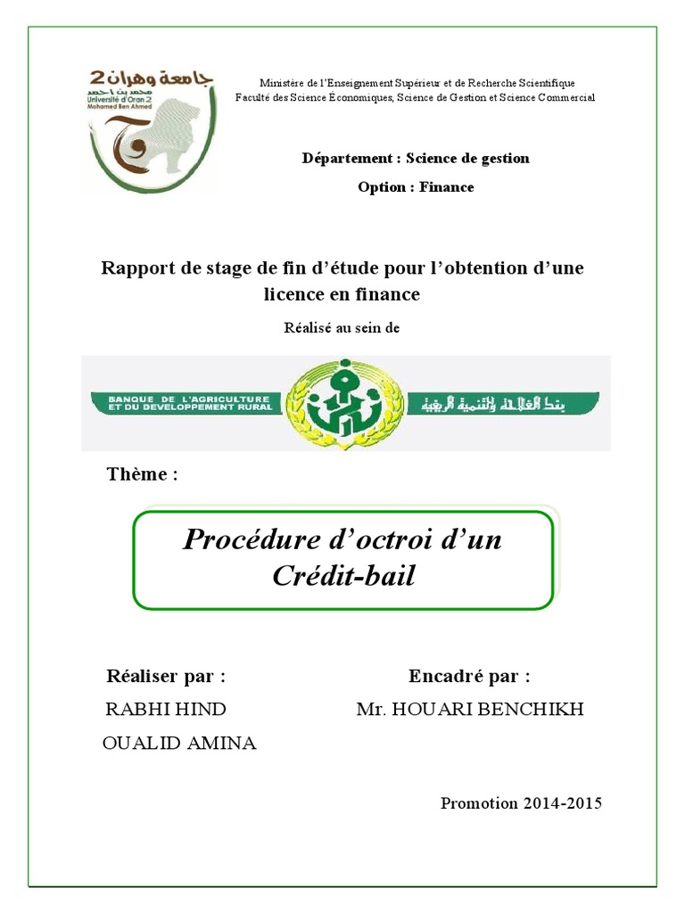 Rapport de Stage- Procédure d'Octroi d'Un Crédit-bail - Cas de La ...