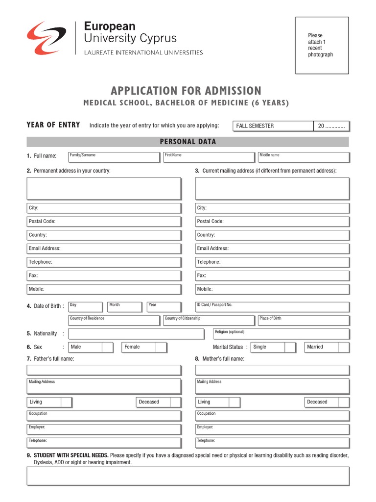 Application For Admission: Medical School, Bachelor Of Medicine (6 ...