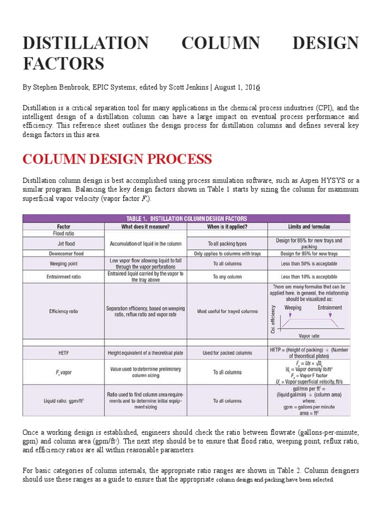 Distillation Column Design Factors | PDF