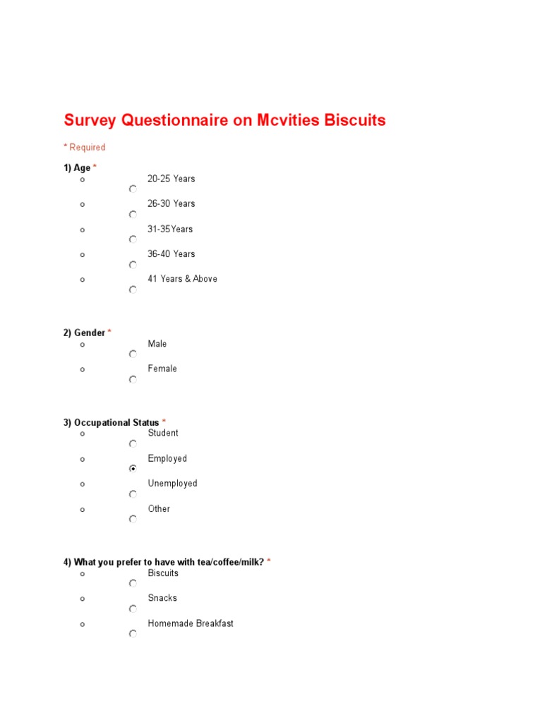 Survey Questionnaire On Mcvities Biscuits: Required | PDF | Snack Food ...