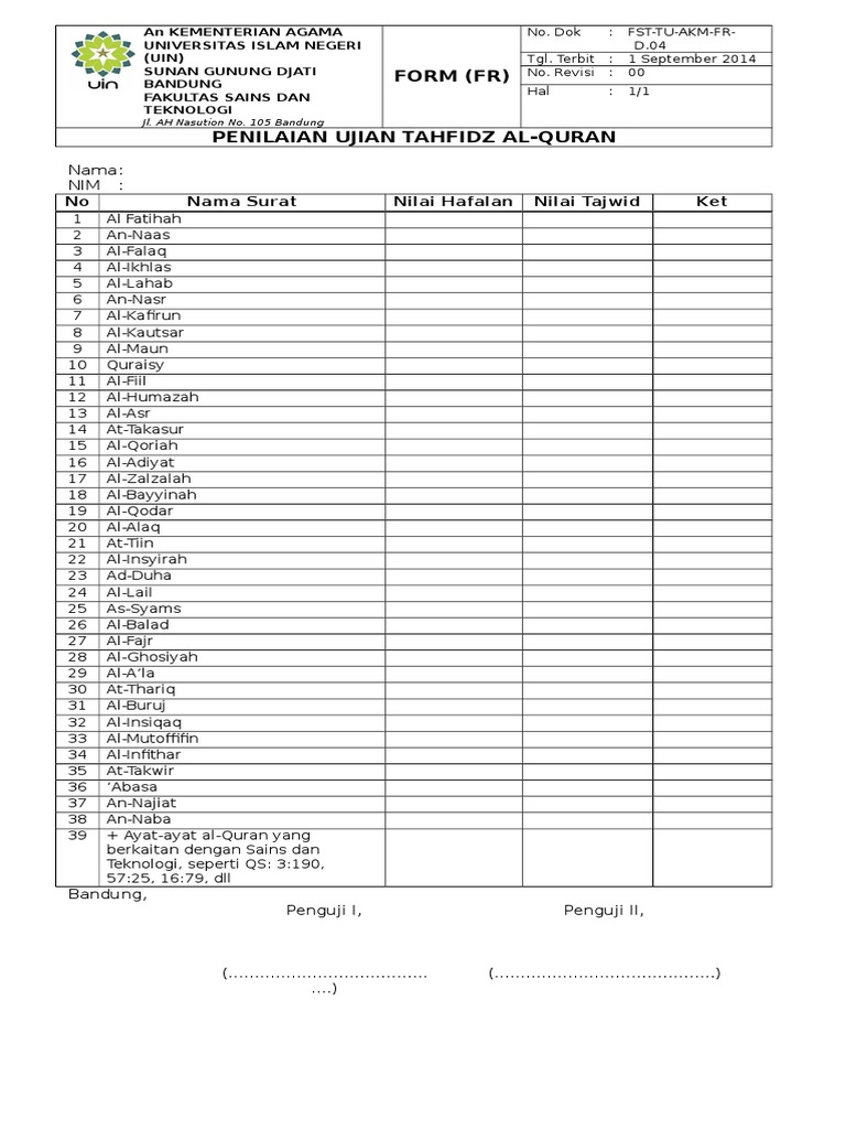 D04 Form Penilaian Ujian Tahfidz Al Quran 