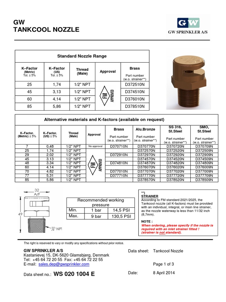 Tankcool Nozzle Specifications | PDF | Chemistry | Building Engineering