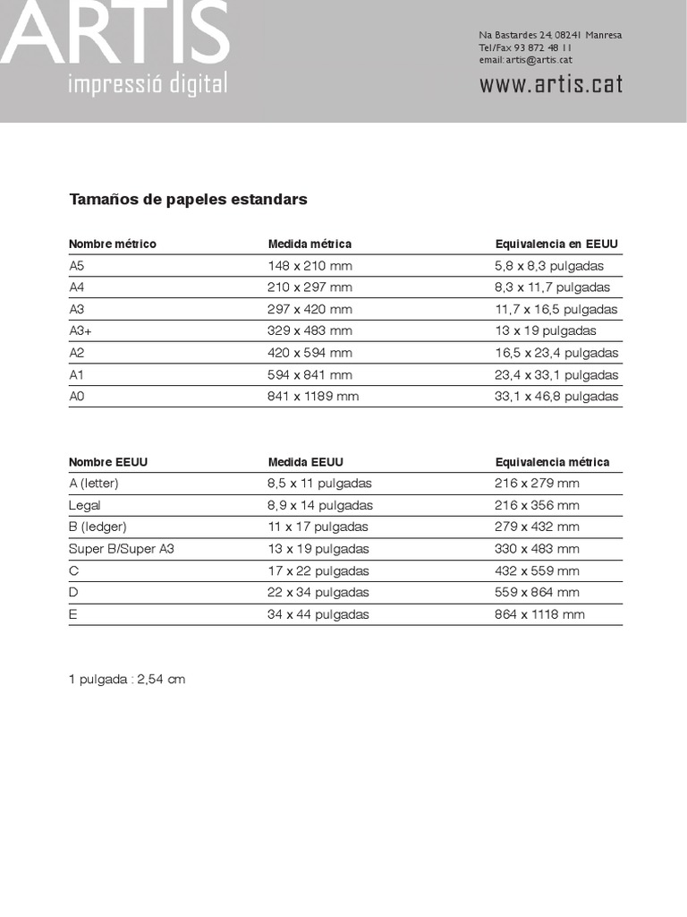 Tamanhos de papéis padrão: medidas métricas e em polegadas | PDF