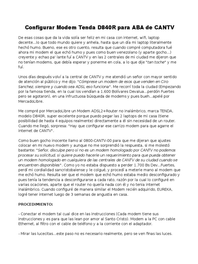 Configurar Modem Tenda D840R para ABA de CANTV | PDF | Módem | Internet