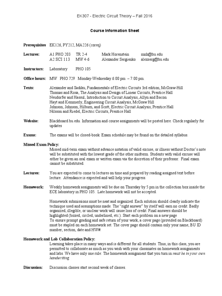 EK307 Syllabus Fall 2016 - Sergienko | PDF | Electrical Network ...